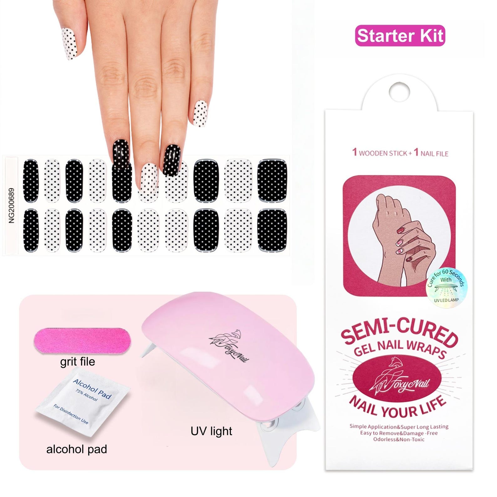 Timeless Black & White Polka Dot Semi Cured Gel Nail Wraps 20 Strips ...