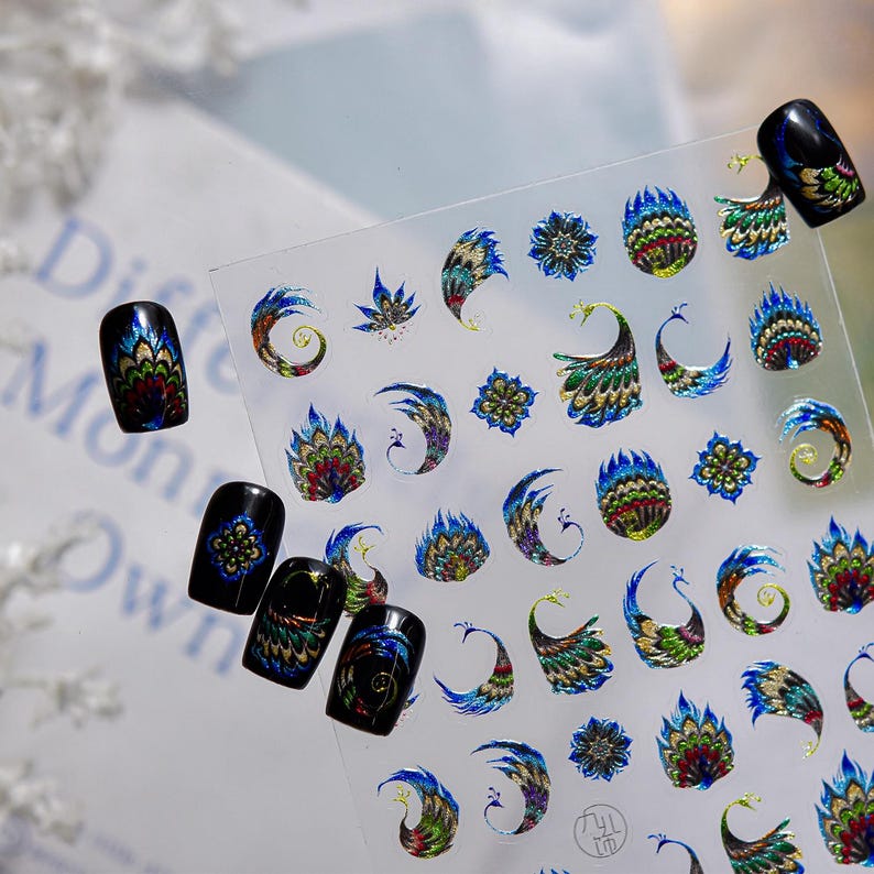 Peacock Feather Nail Stickers, Luxury Iridescent Metallic Decals ...