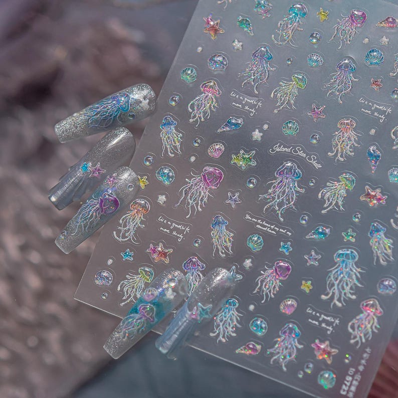 Holographic Jellyfish Nail Stickers, Ocean Sea Shell Starfish Nail ...