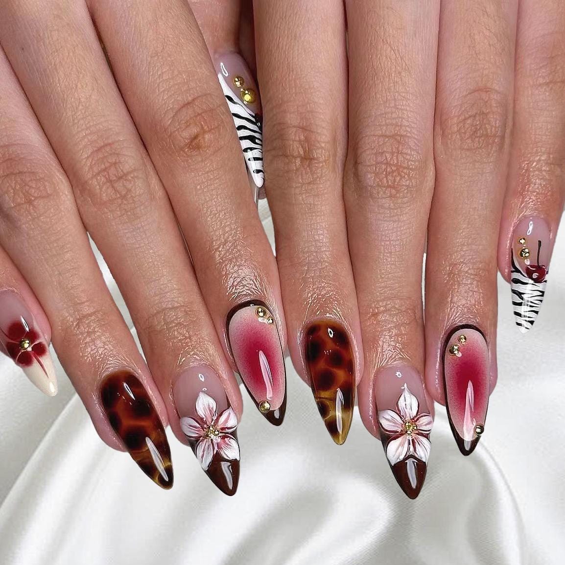 3D Cherry Almond Press on Nails: Tortoise Zebra Flower Design - Etsy