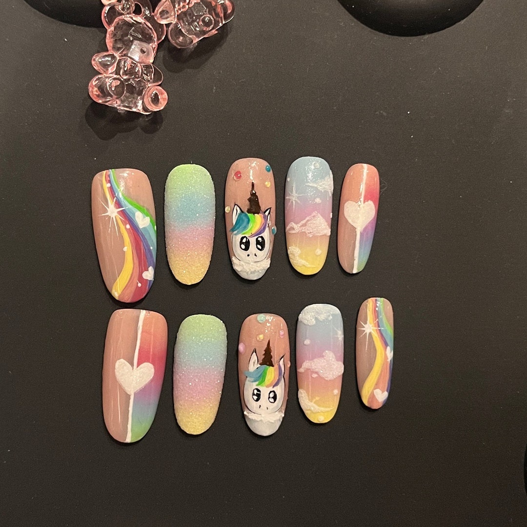Hand-painted Rainbow Color Gradients Cute Little Unicorn Nails Art ...