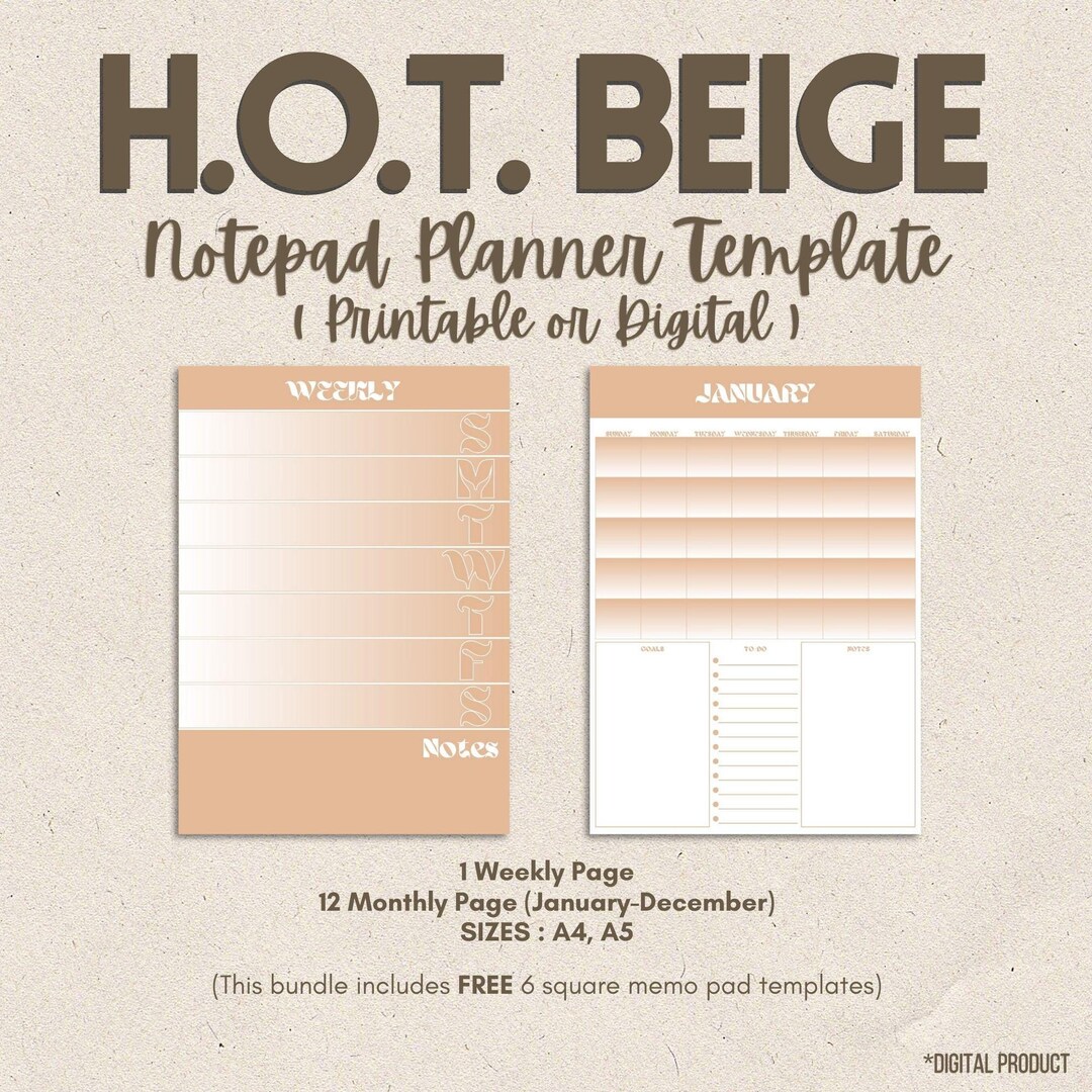 HOT Beige Notepad Planner Template, Printable or Digital Undated Weekly ...