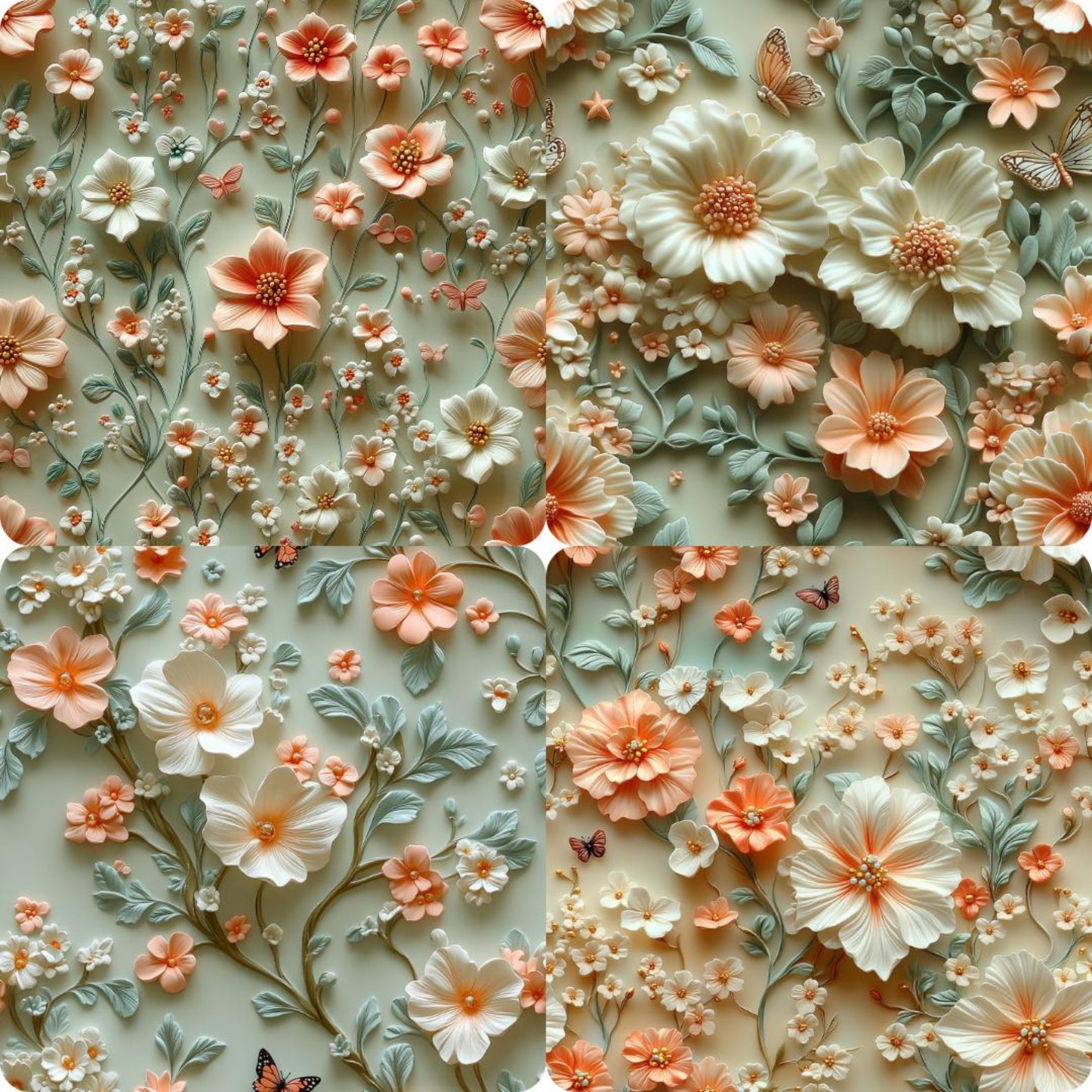 3D Floral Seamless Pattern Pack - 4 PNG Digital Paper - Seamless ...