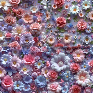 3D Floral Seamless Pattern Pack - 4 PNG Digital Paper - Seamless ...