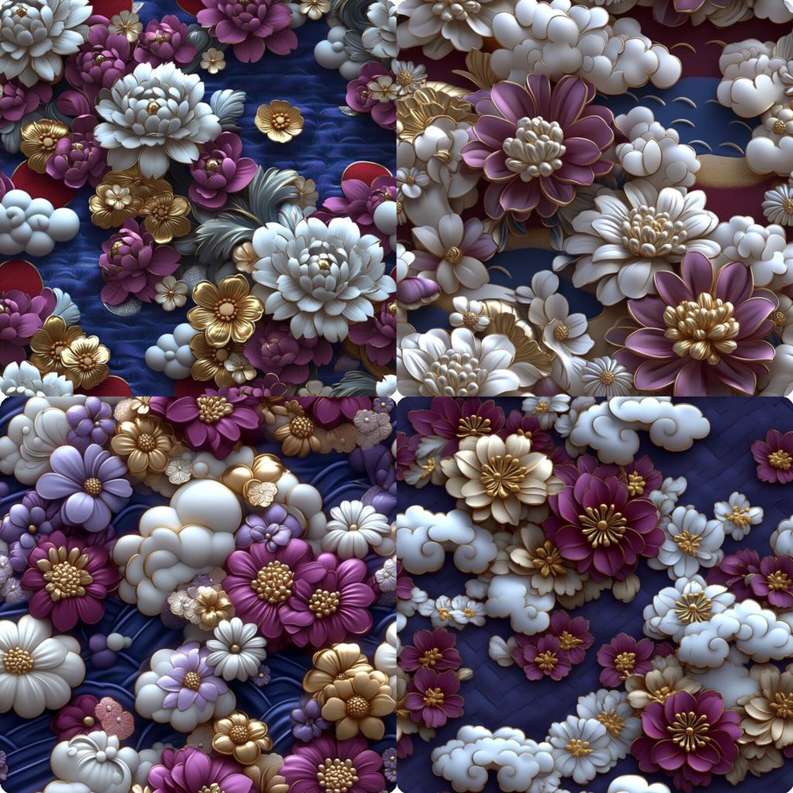 3D Floral Seamless Pattern Pack - 4 PNG Digital Paper - Seamless ...