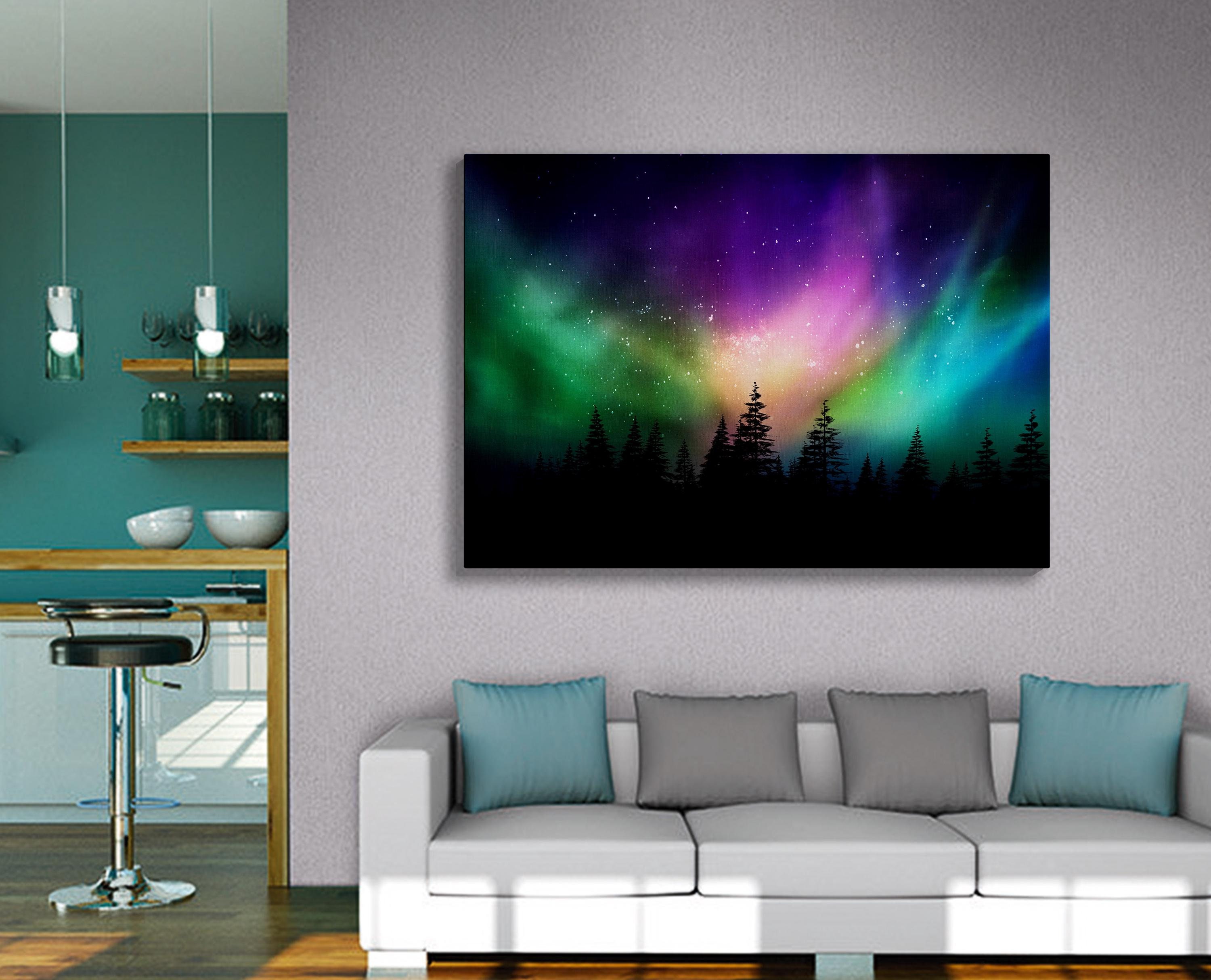 Aurora Borealis, Northern Lights Art, Framed Canvas Print, Snow Capped ...