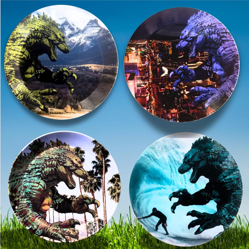 Godzilla Las Vegas Plate Unique Dinnerware Kaiju Cityscape Quirky ...