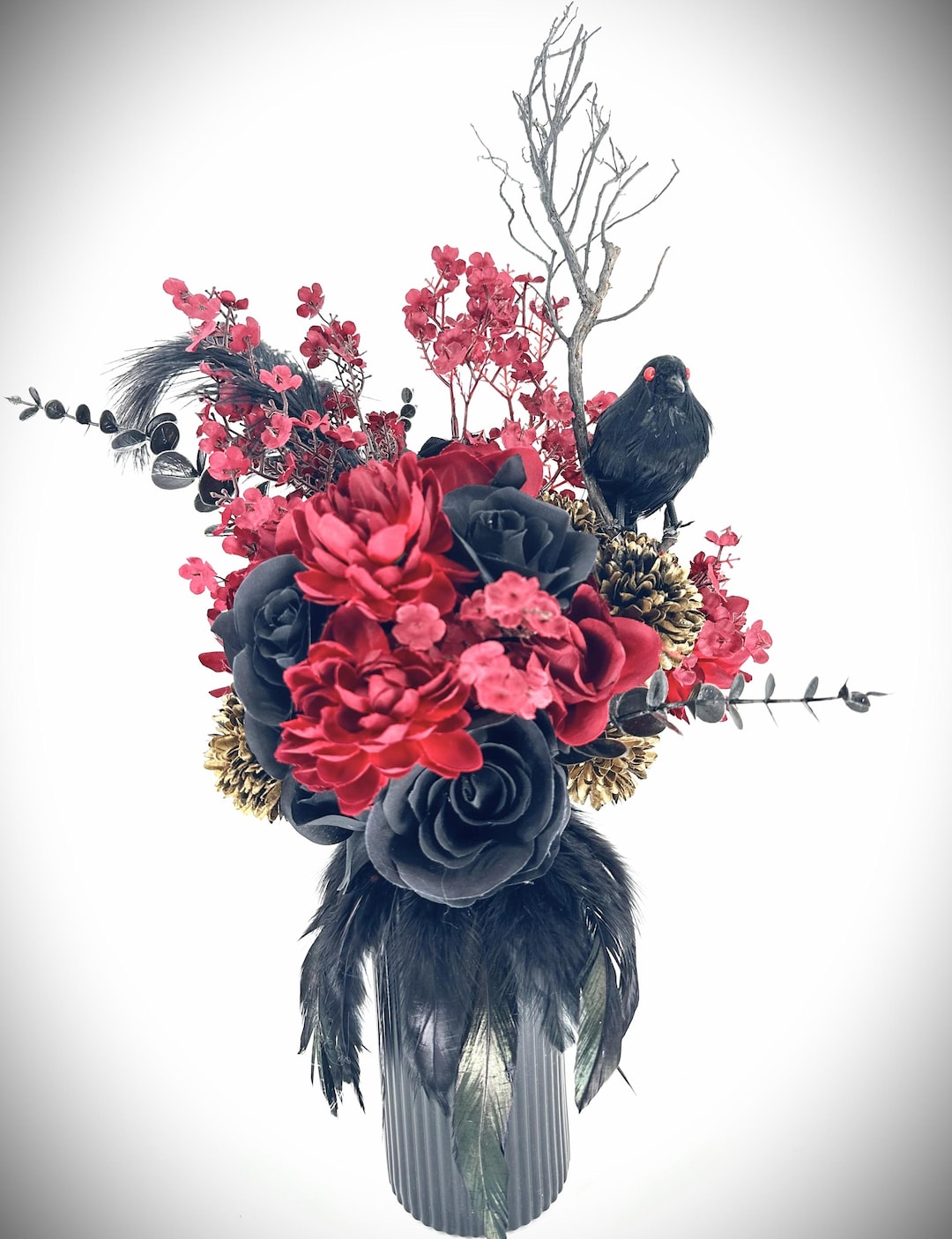 Dark Halloween Floral Centerpiece With Perched Raven & Black Roses ...