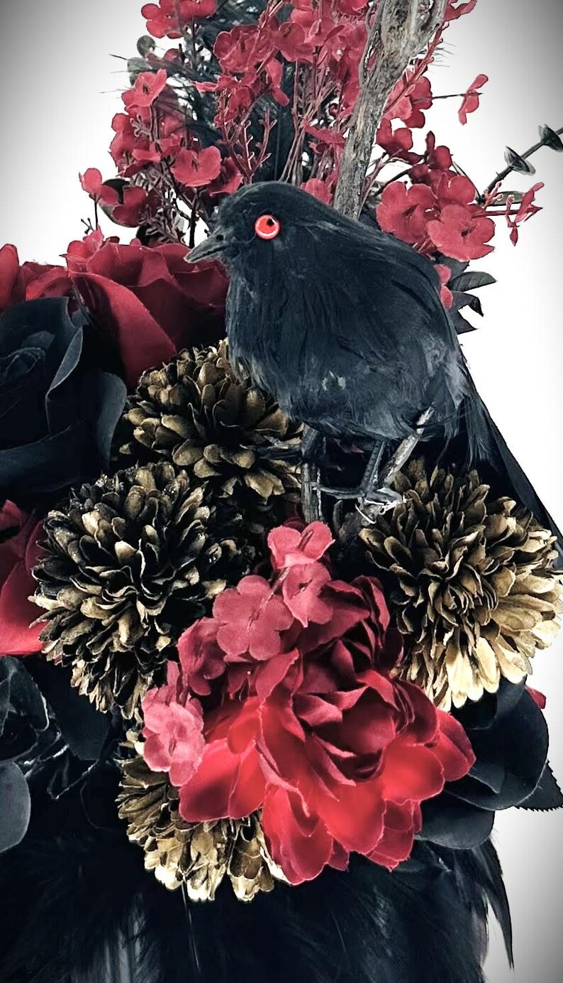 Dark Halloween Floral Centerpiece With Perched Raven & Black Roses ...