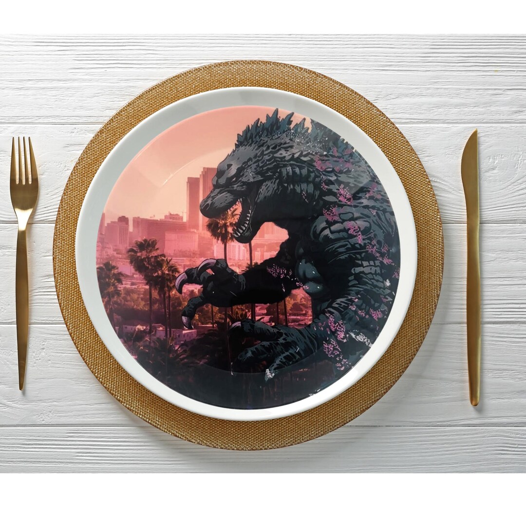 Godzilla Plate Los Angeles Cityscape Movie Night Kaiju Monster Decor ...