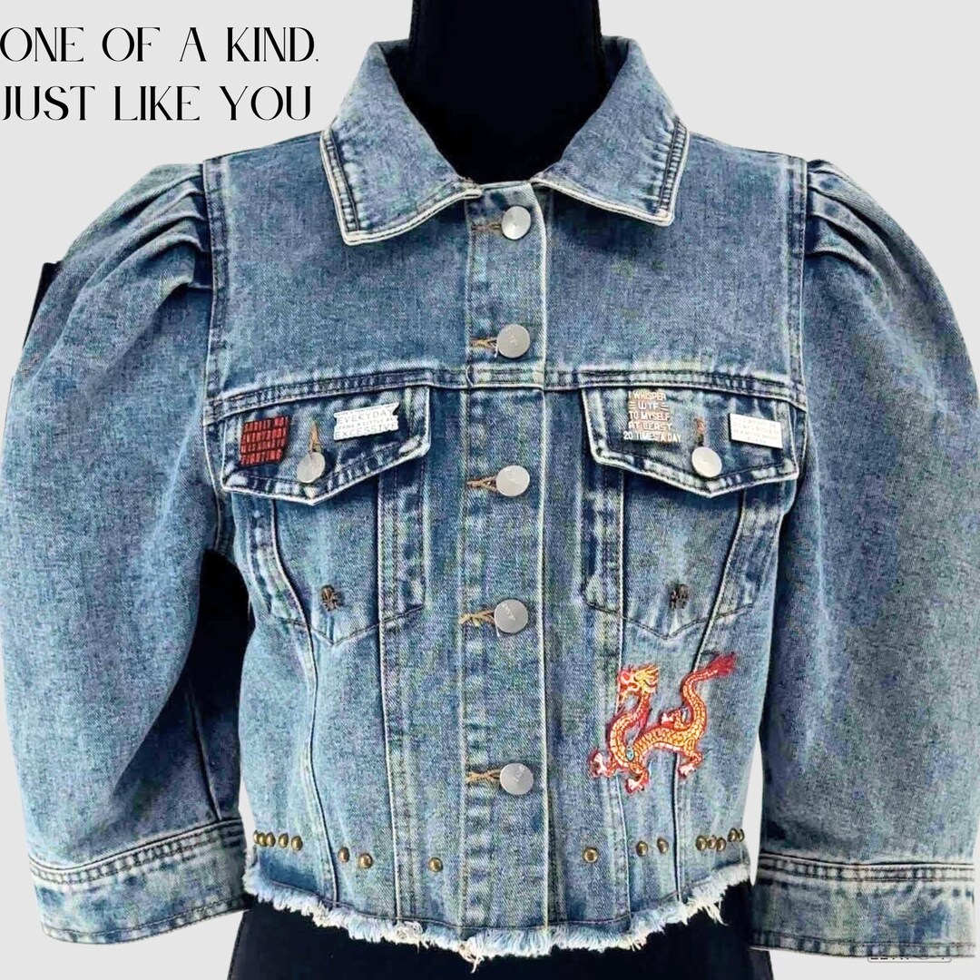 Statement Denim Jacket Puff Sleeve Jean Jacket Birthday Gift for Her ...