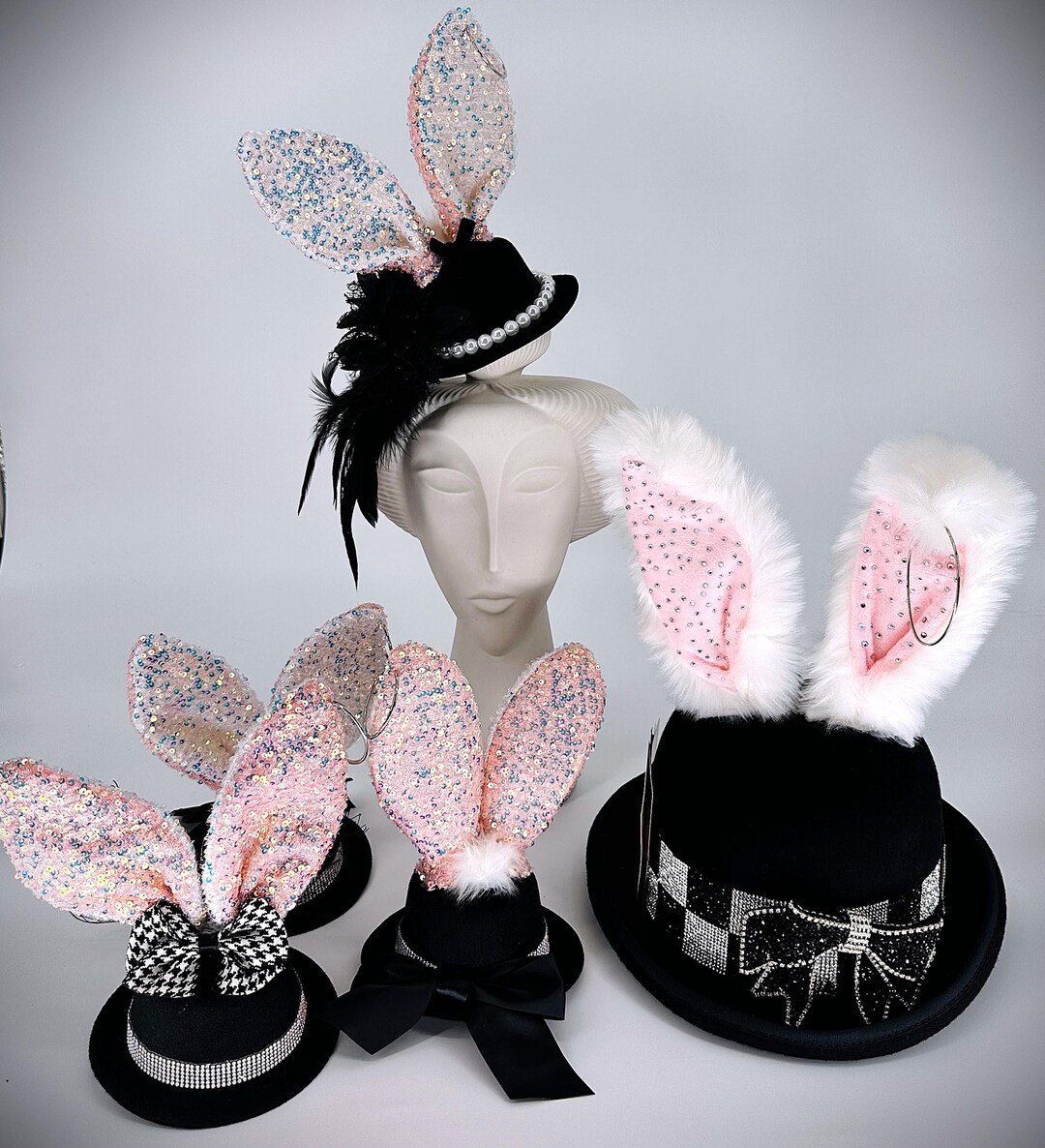 White Rabbit Top Hat Fascinator With Bunny Ears & Rhinestones for ...