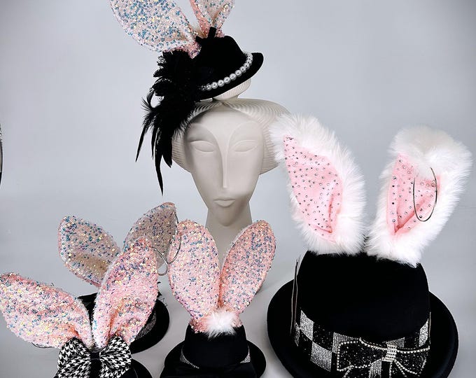White Rabbit Top Hat Fascinator With Bunny Ears & Rhinestones for ...