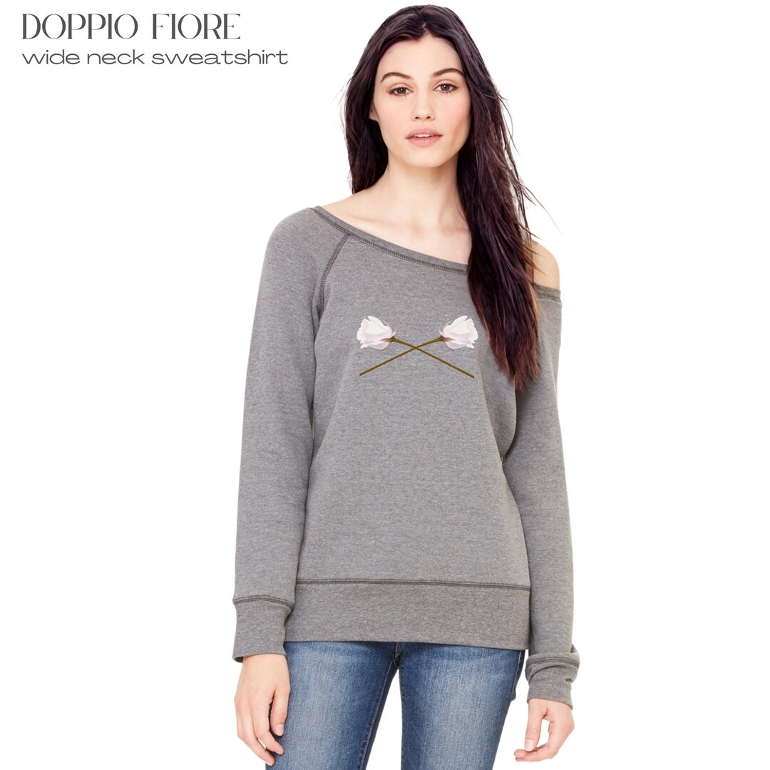 Floral Sweatshirt White Rose Design off Shoulder Pullover Gray Fleece ...