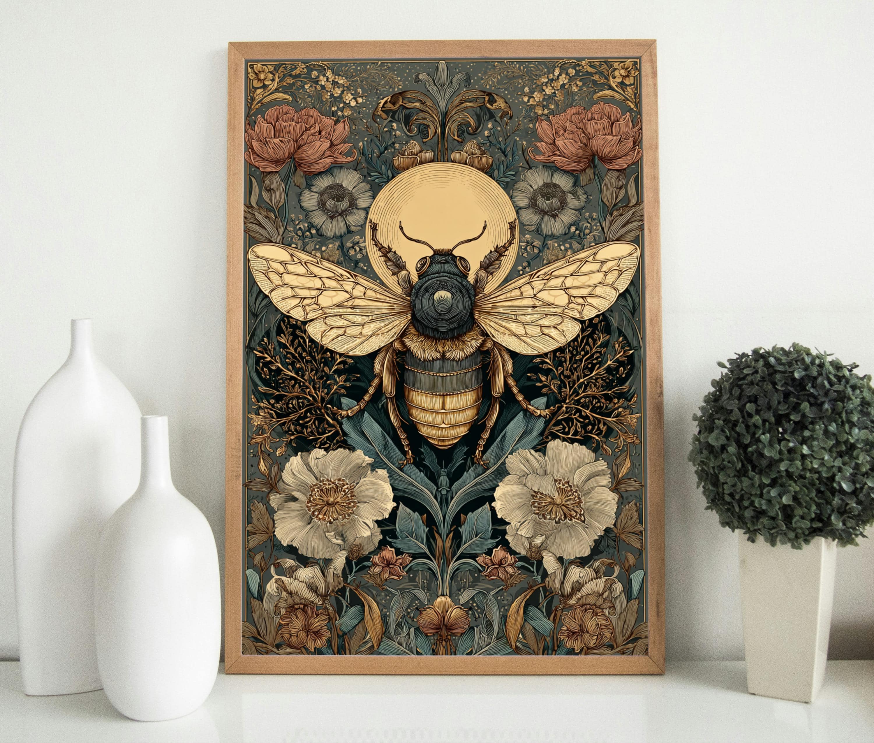 William Morris Inspired Bee Print: Vintage Art Nouveau Floral Wall Art ...