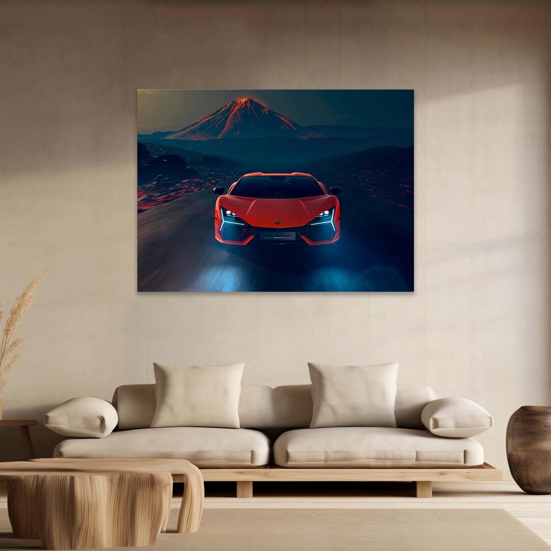 Lambo on Volcano Background Poster, Lambo Print Canvas, Office Decor ...