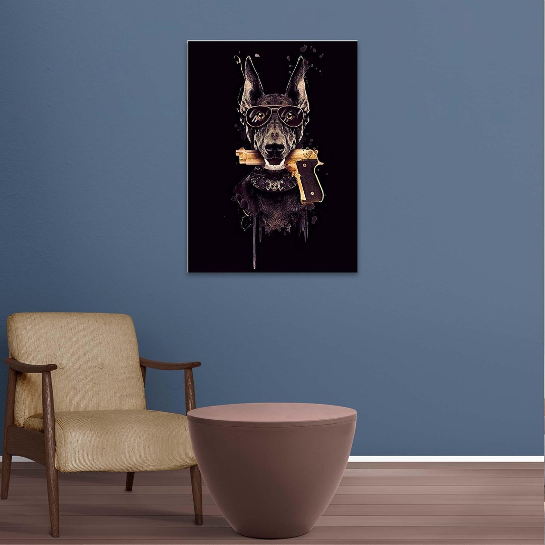 Black Dog With Gun Abstract Painting Canvas Print, Unique Doberman Dog ...