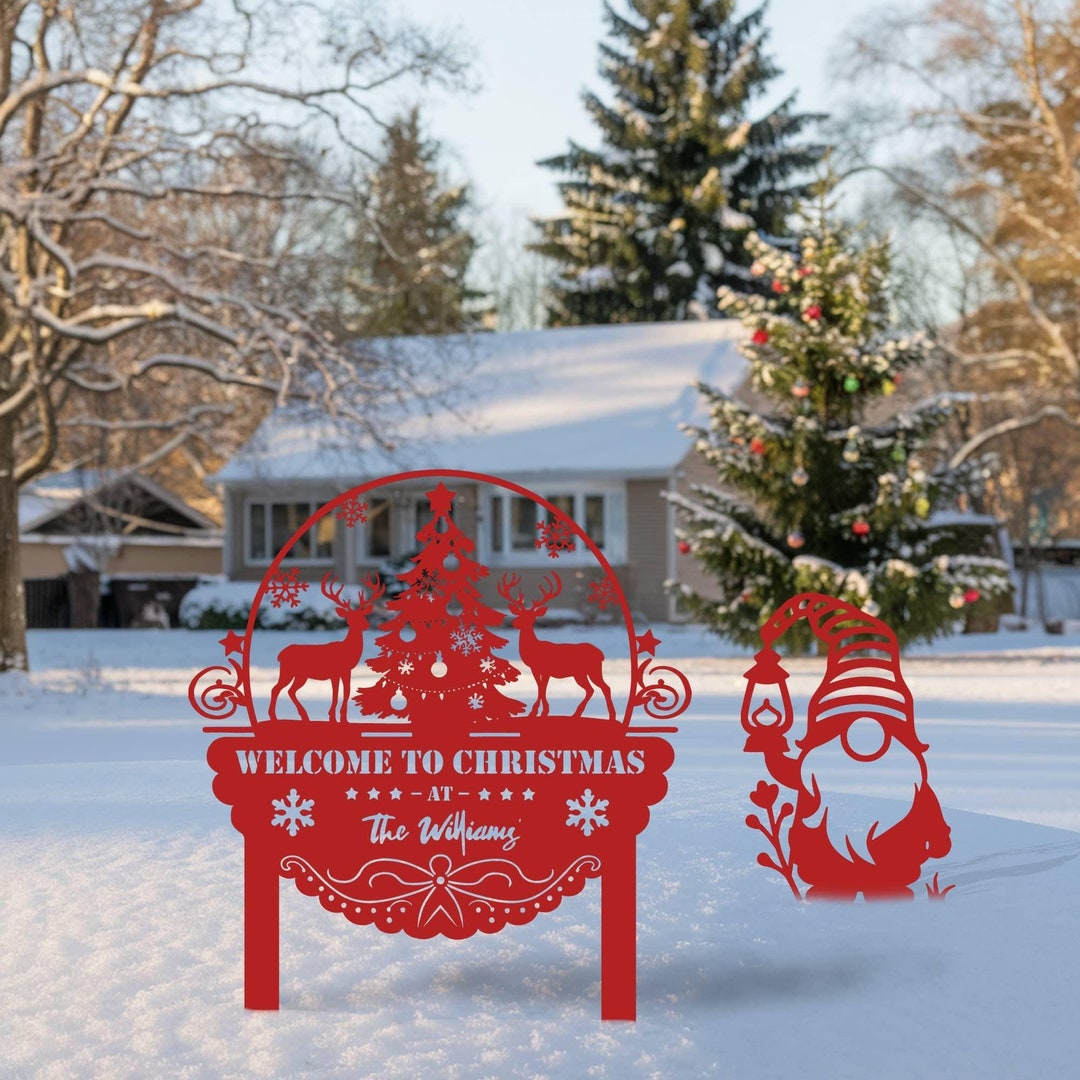 Personalized Christmas Metal Yard Sign: Reindeer & Tree Holiday Decor ...