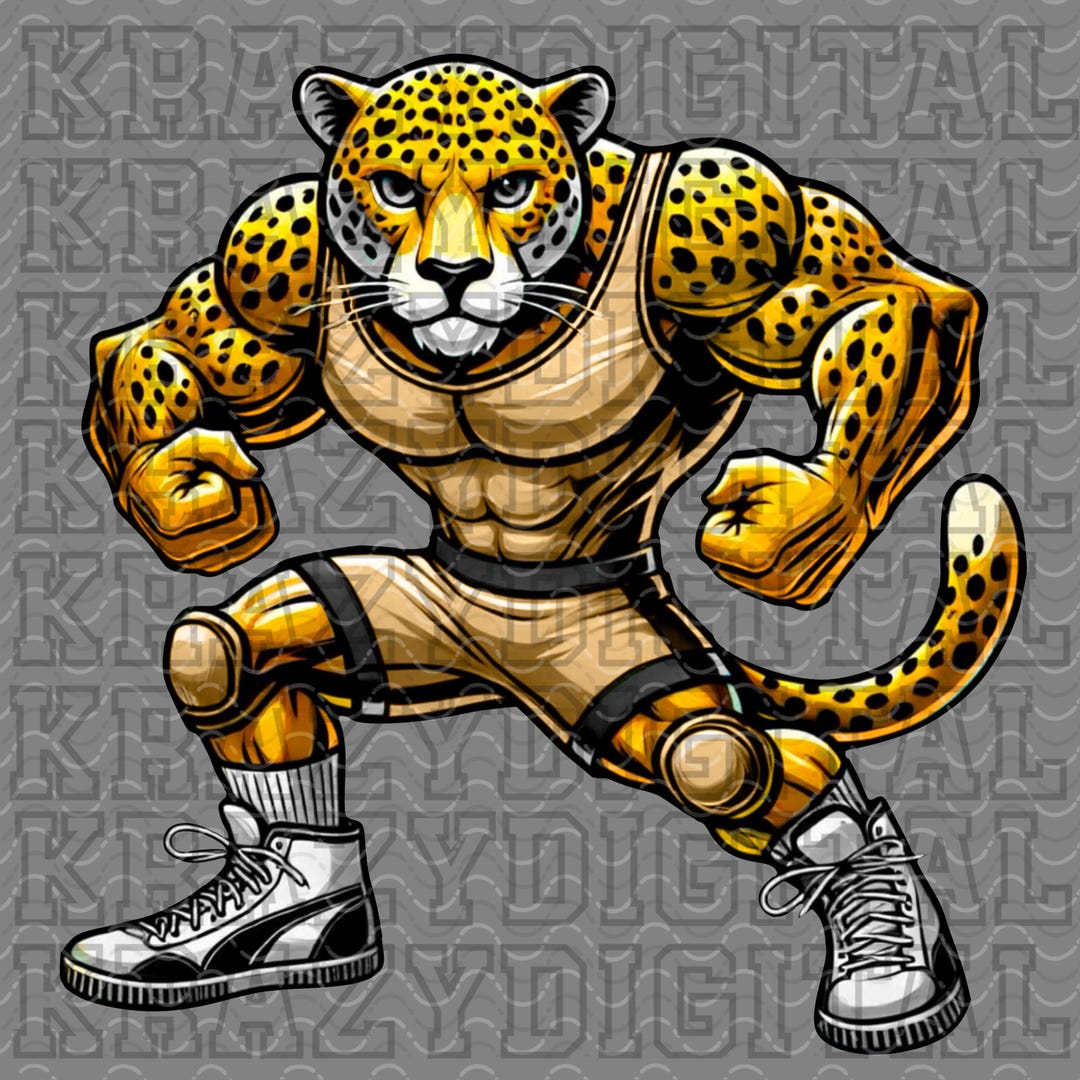 Jaguar Gold Wrestling PNG, Leopard Boy Weight Lifting Mascot, Wrestling ...