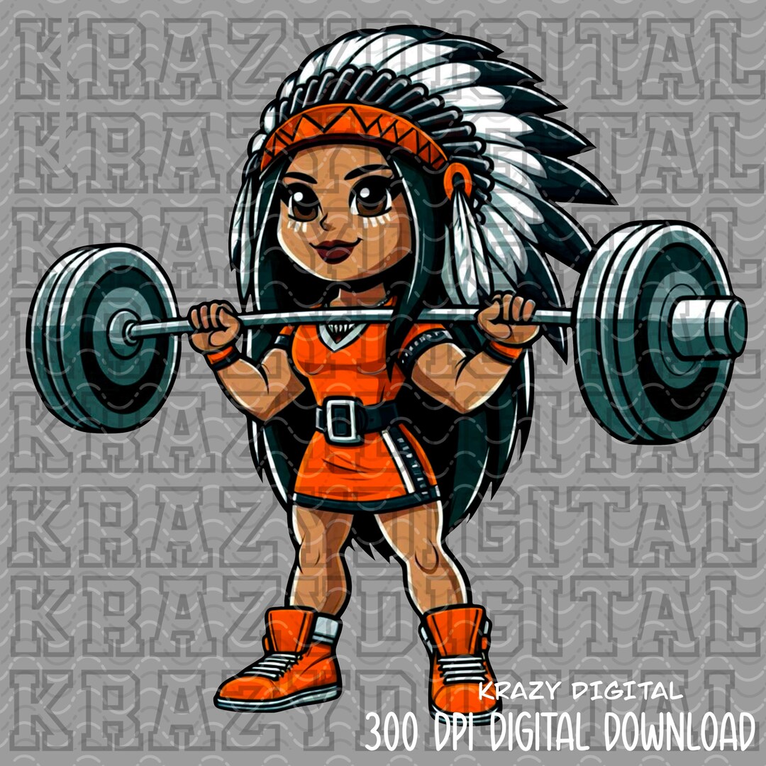 Lady Indians Orange Powerlifting Mascot, Maiden Weightlifting PNG ...