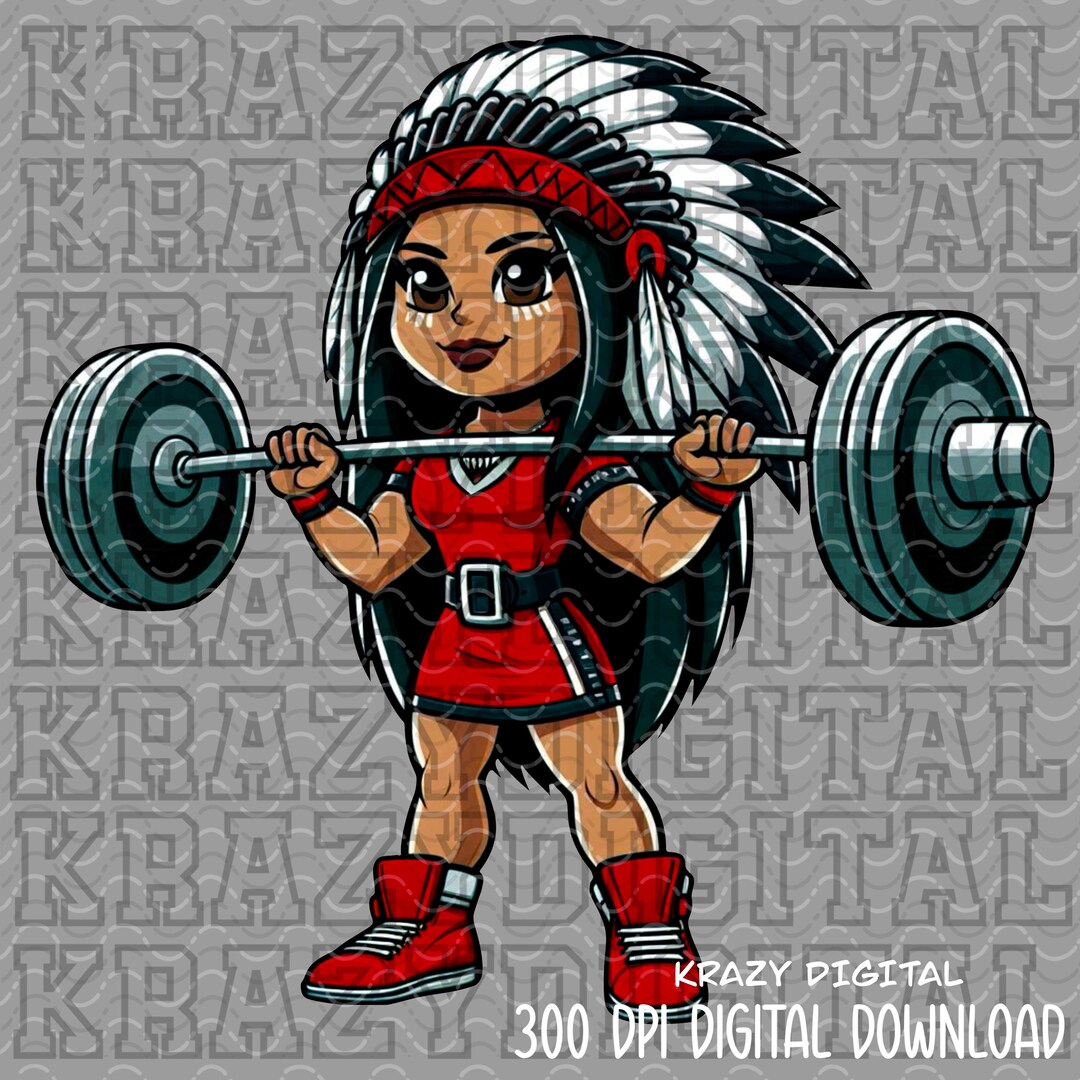 Lady Indians Red Powerlifting Mascot, Maiden Weightlifting PNG, Indian ...