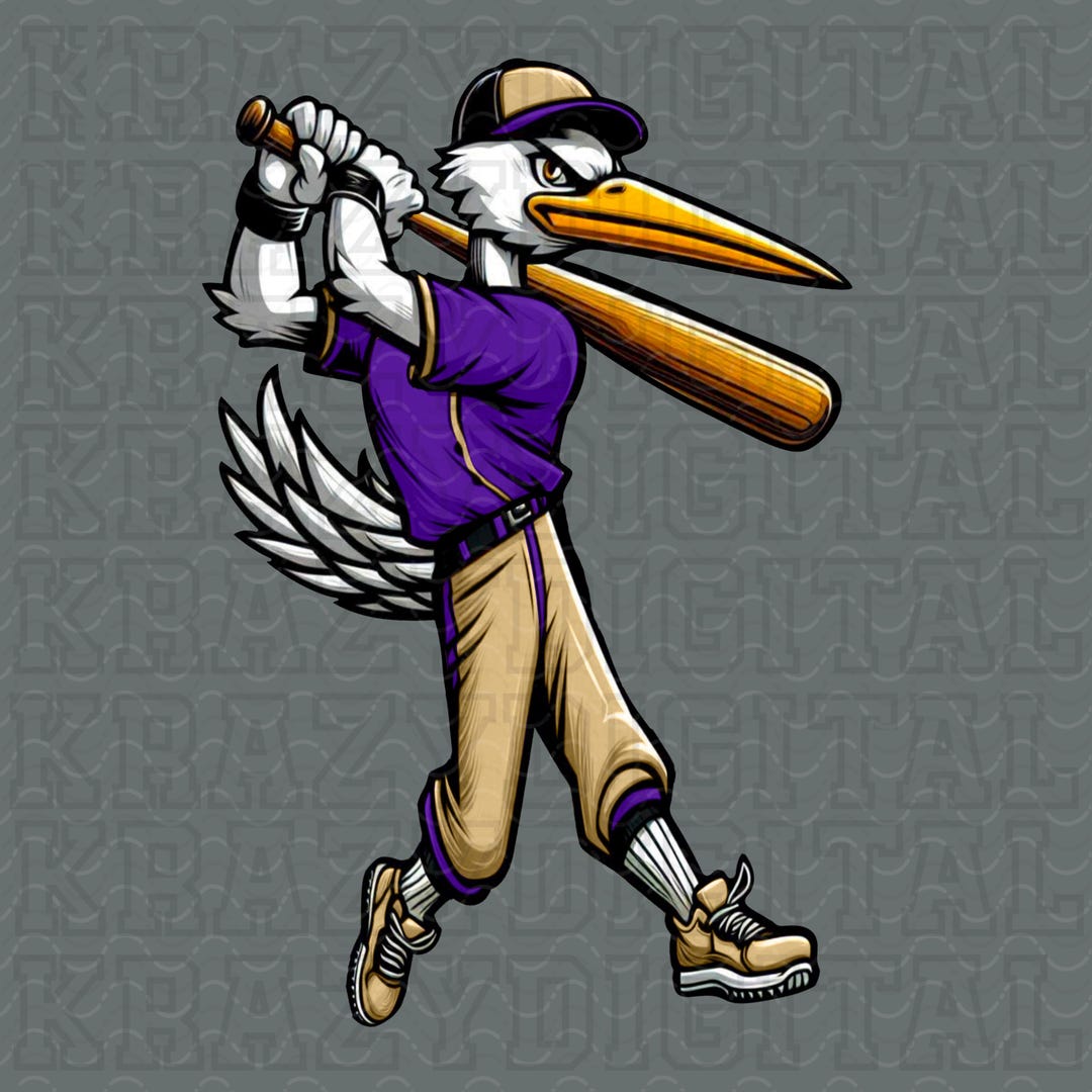 Purple Gold Crane Baseball Mascot PNG, Baseball Crane Mascot Design ...