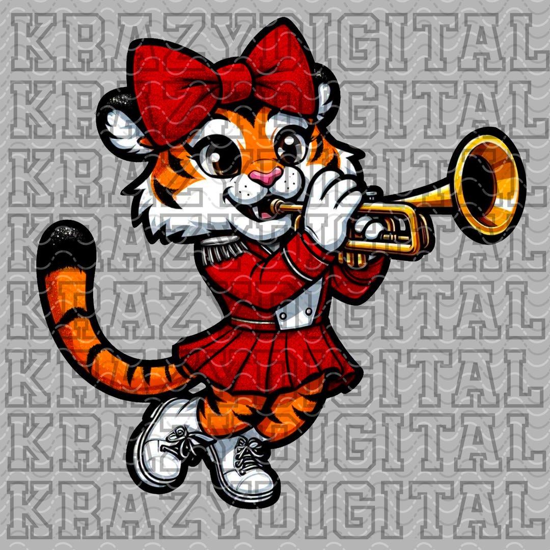 Tiger Band Red Mascot PNG, Tiger Trumpet Mascot Digital, Tiger Band ...