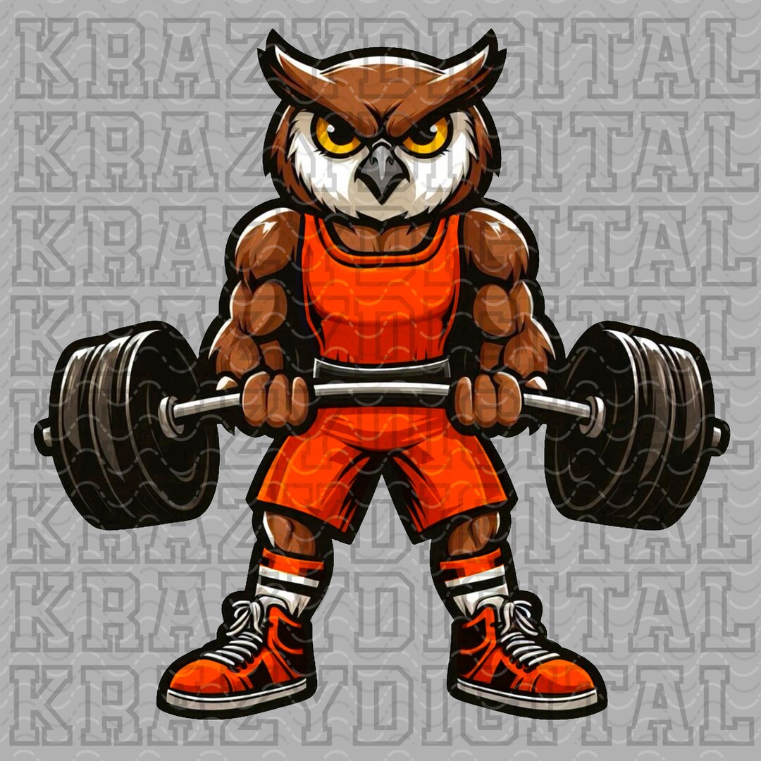 Orange Owl Powerlifting Mascot PNG, Orange Owl Boy Weightlifting ...