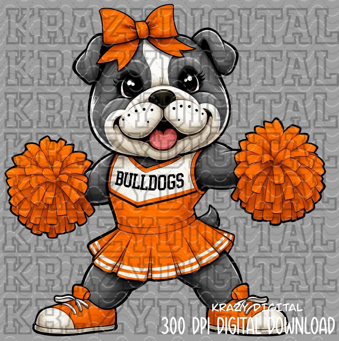 Bulldog Mascot Orange Cheerleader PNG, Bulldog Cheer DTF, Girly ...