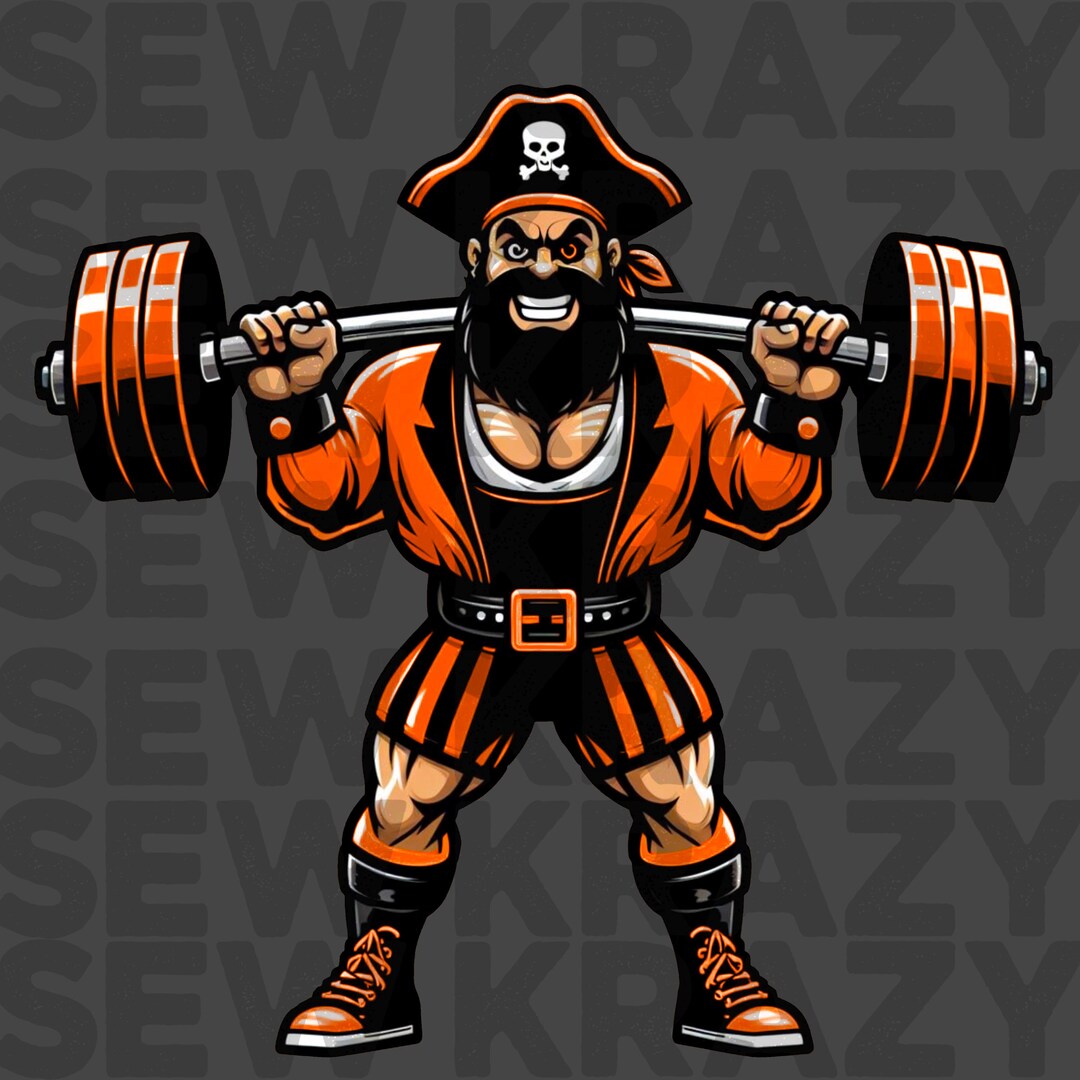 Orange Pirate Weight Lifting Mascot PNG, Orange Pirate Power Lifting ...