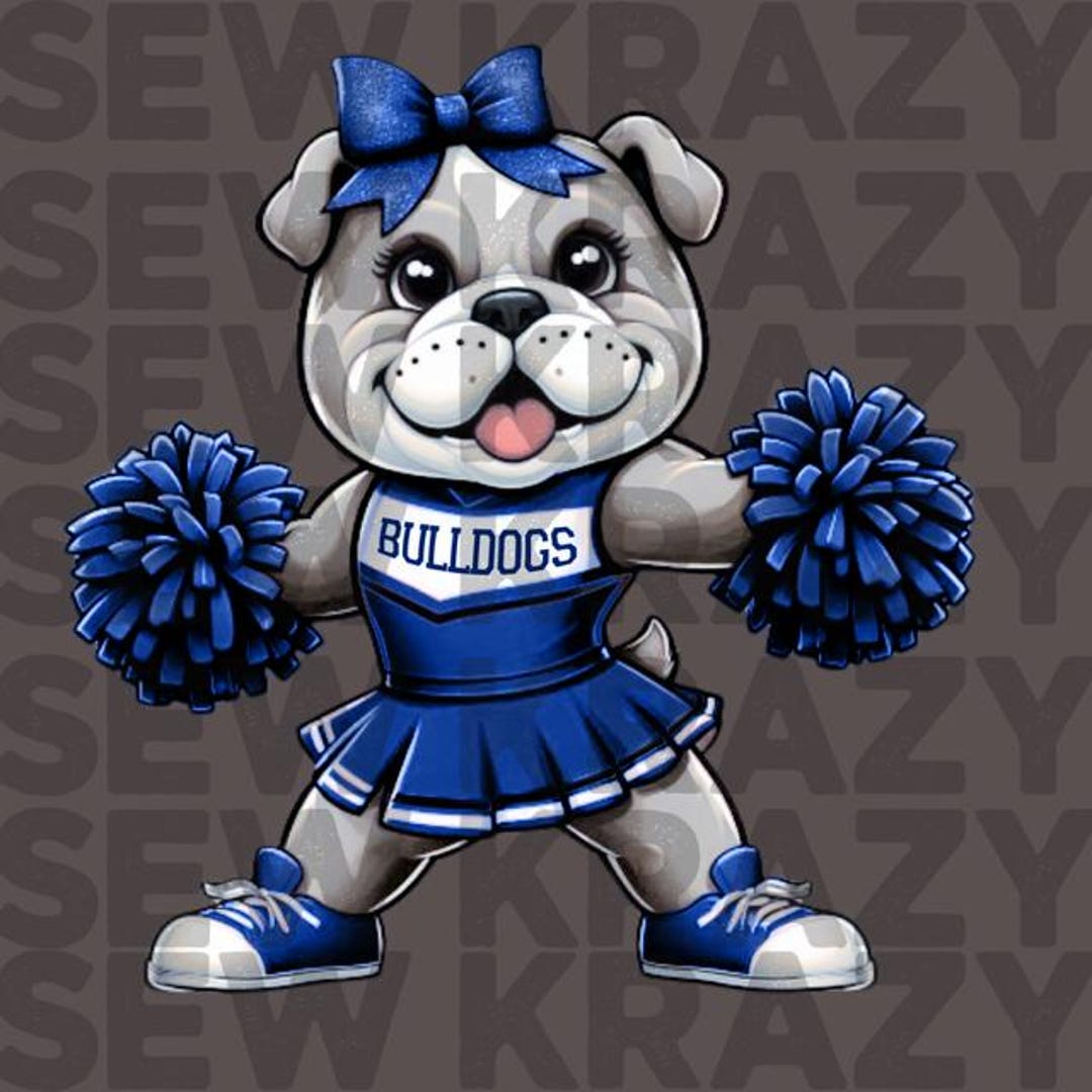 Grey Bulldog Mascot Blue Cheerleader PNG, Bulldog Mascot Artwork, Bulldog Blue Cheer Art ...