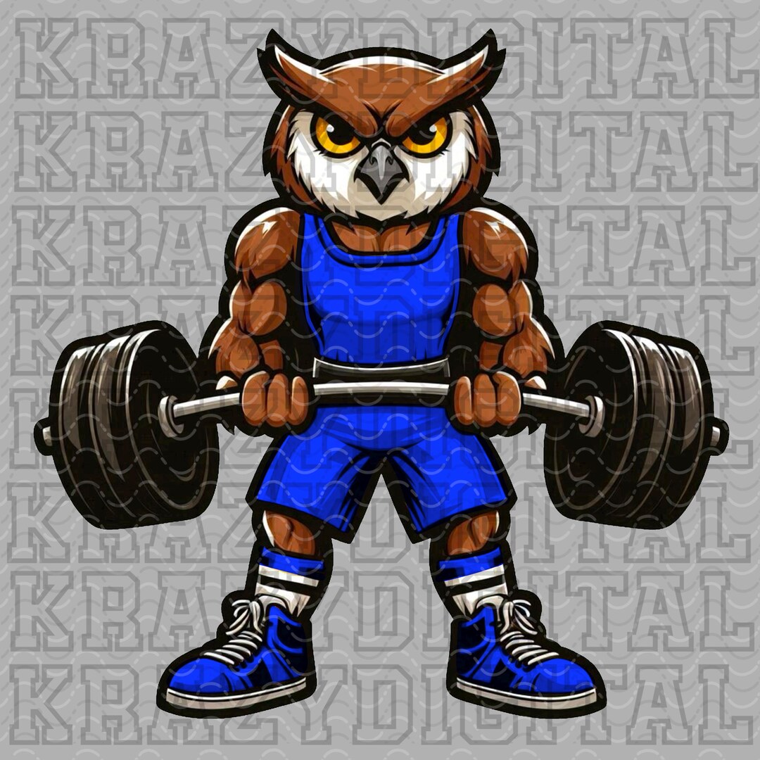 Blue Owl Powerlifting Mascot PNG, Red Owl Boy Weightlifting Digital ...