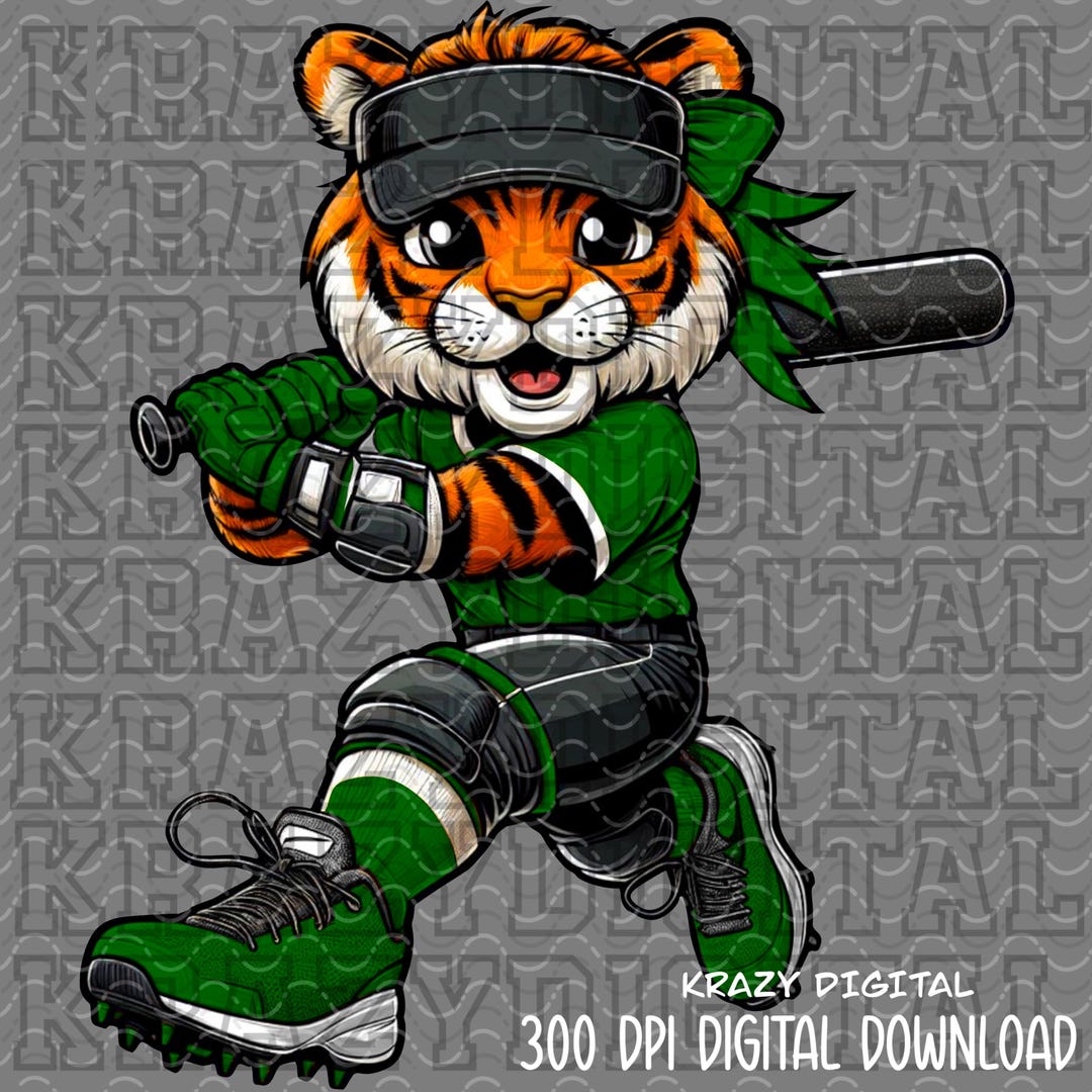 Lady Tiger Green Softball Mascot PNG, Tigers Girly Mascot, Tiger ...