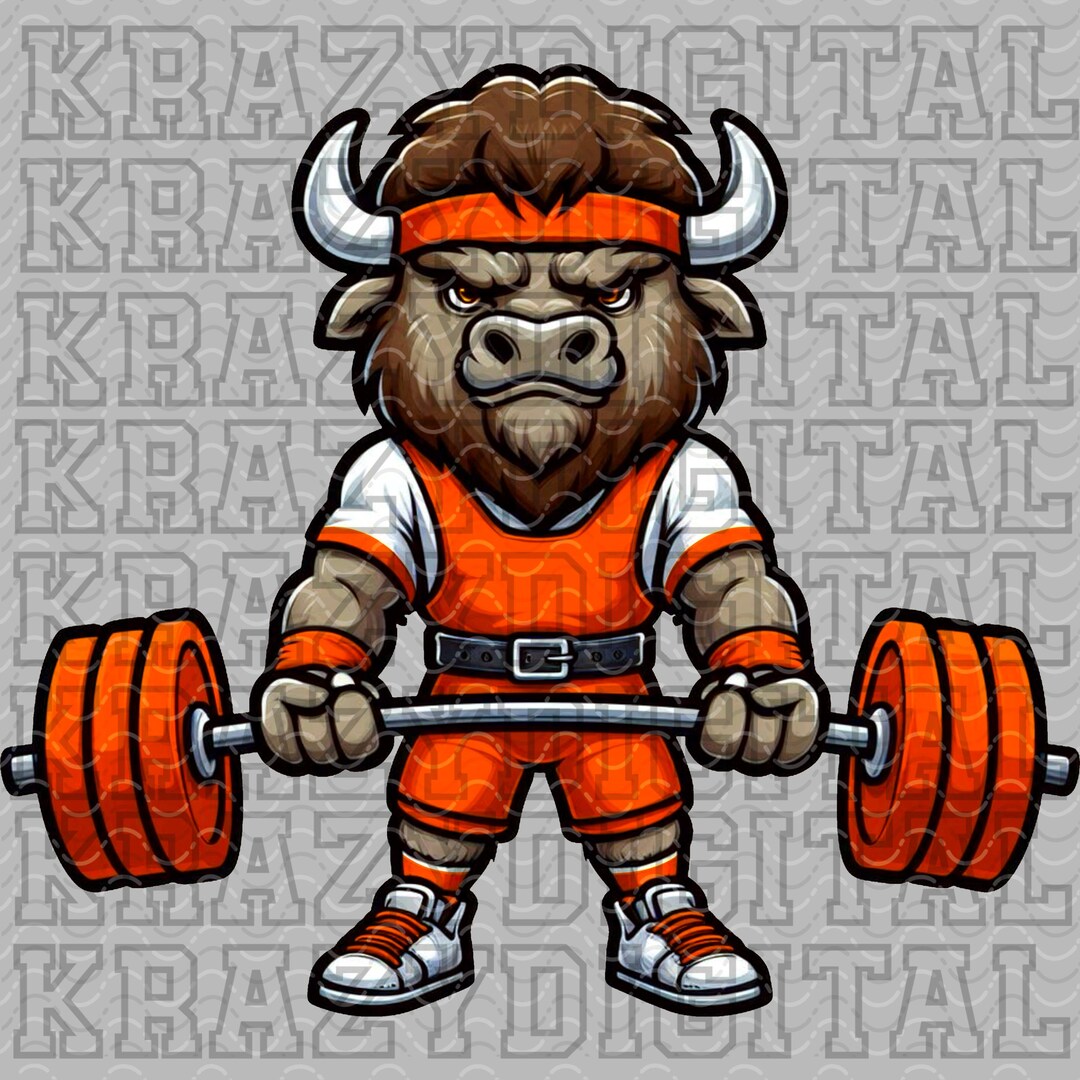 Orange Buffalo Weight Lifting Mascot PNG, Power Lifting Artwork, Orange ...