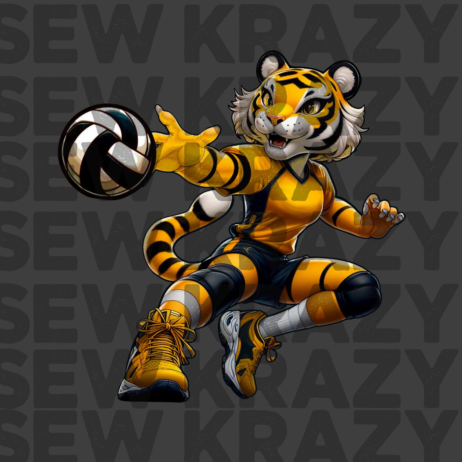Lady Tiger Yellow Volleyball Mascot PNG, Tigers Girly Mascot, Tiger ...