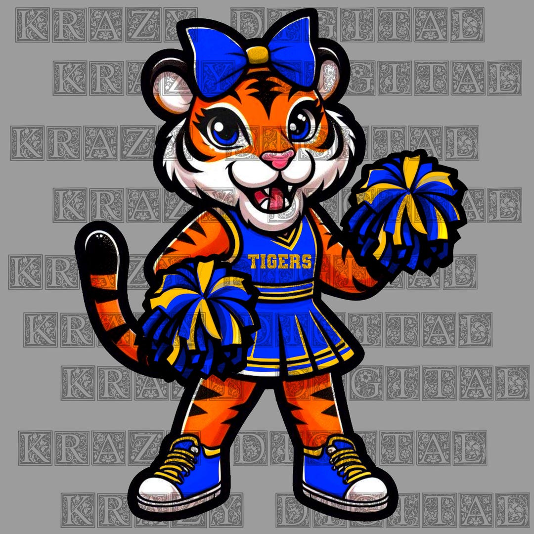 Lady Tiger Blue Gold Cheer Mascot PNG, Tigers Girly Mascot, Tiger Blue ...