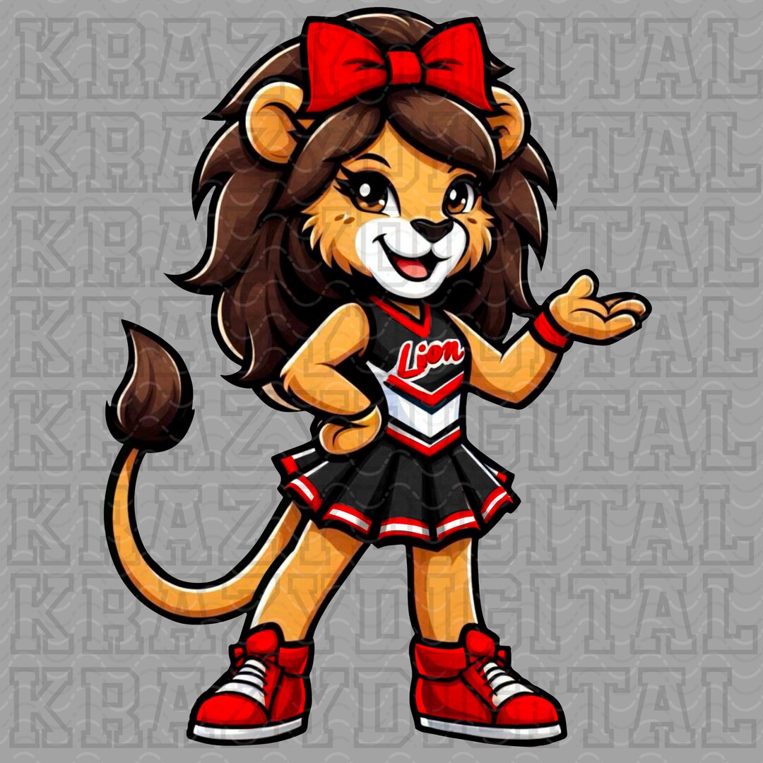 Lions Red Black Cheer Mascot PNG, Lions School Mascot, Lions Black Red ...