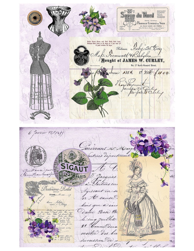 Ladies Fashion Sewing Collage Paper & Ephemera - Violets Digitals (8 1/ ...