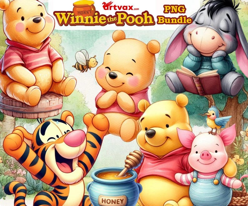 Lindo clipart de acuarela de winnie the pooh, invitaciones de cumpleaños de pooh, Eeyore Piglet ...