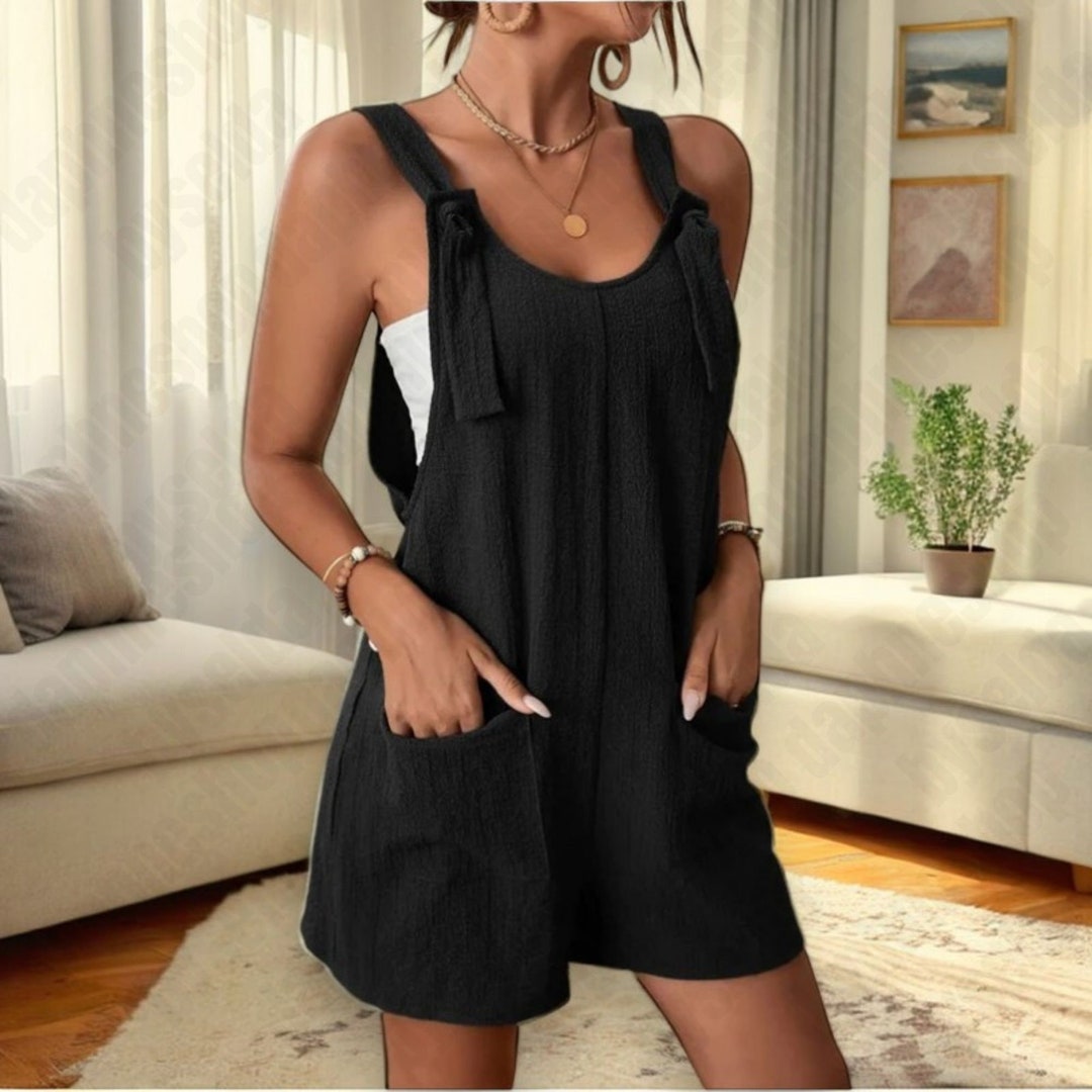 Women's Casual Summer Short Rompers Overalls 2024 Loose Sleeveless Tie ...