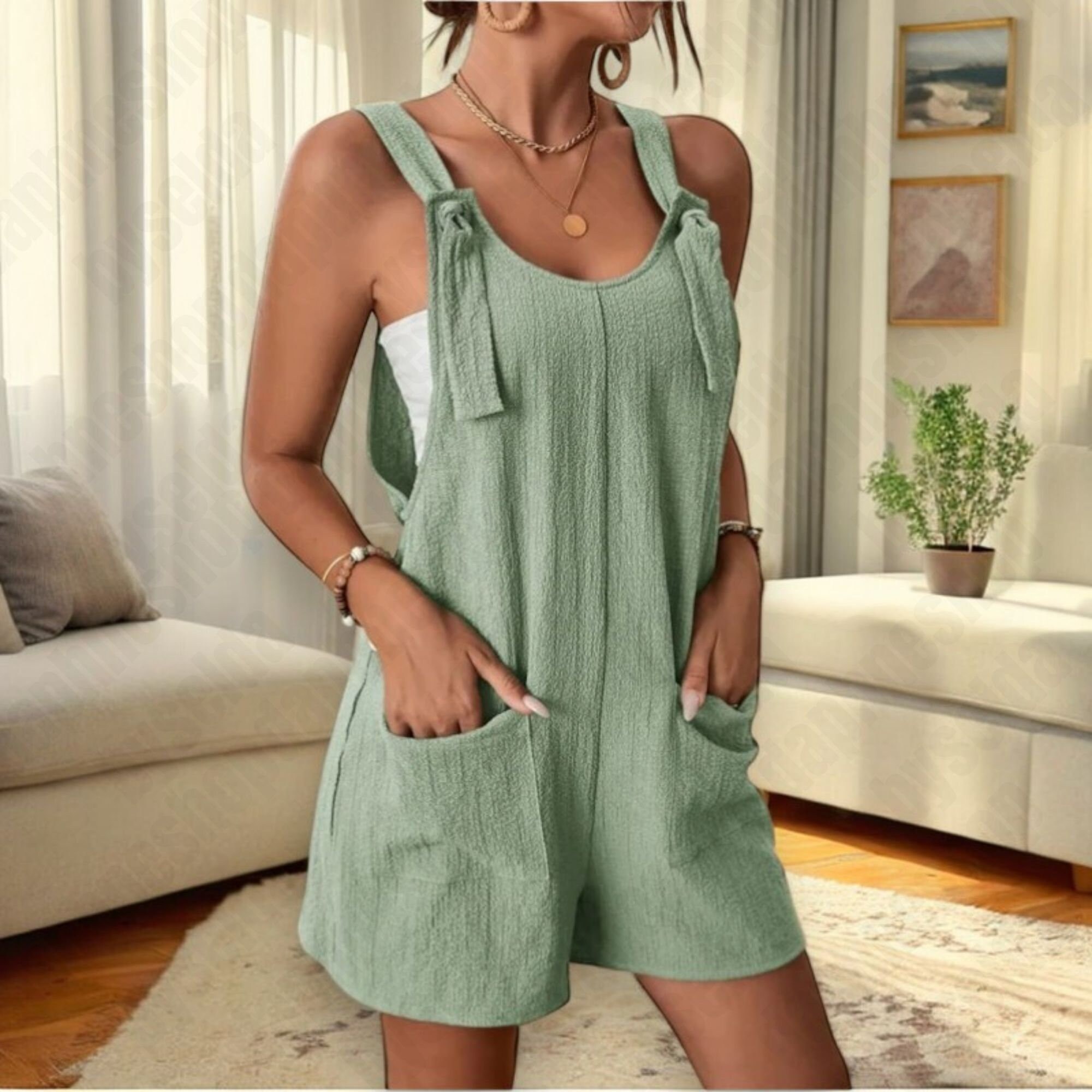 Women's Casual Summer Short Rompers Overalls 2024 Loose Sleeveless Tie ...