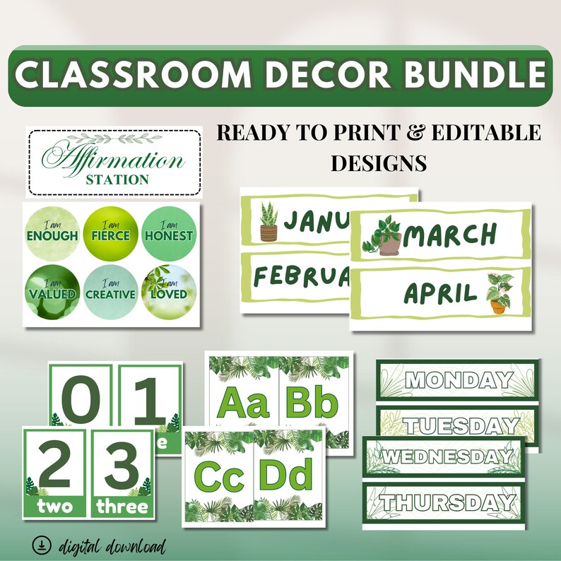 Plant Classroom Decor Bundlegreen Classroom Decorteacher Classroom ...