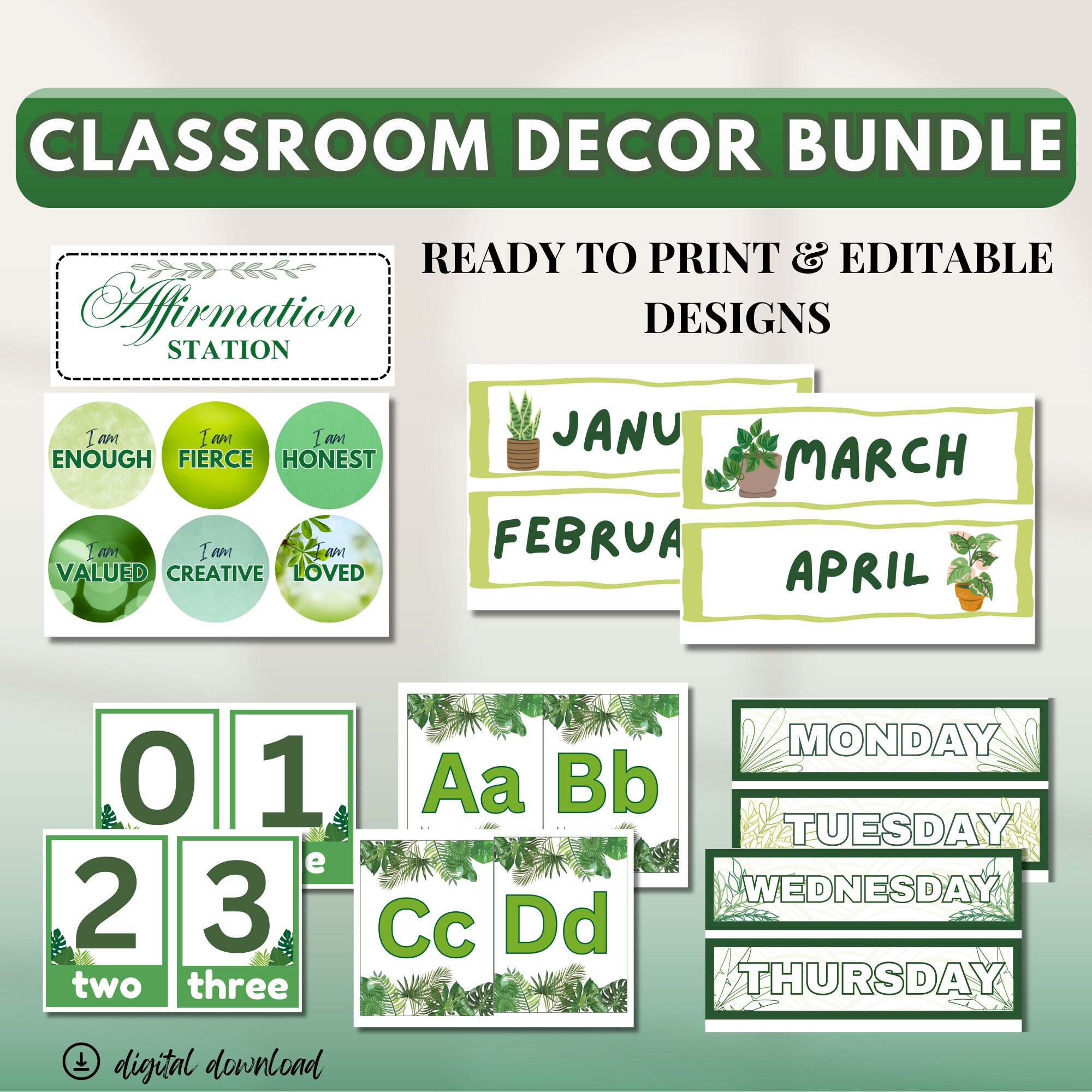 Plant Classroom Decor Bundlegreen Classroom Decorteacher Classroom ...