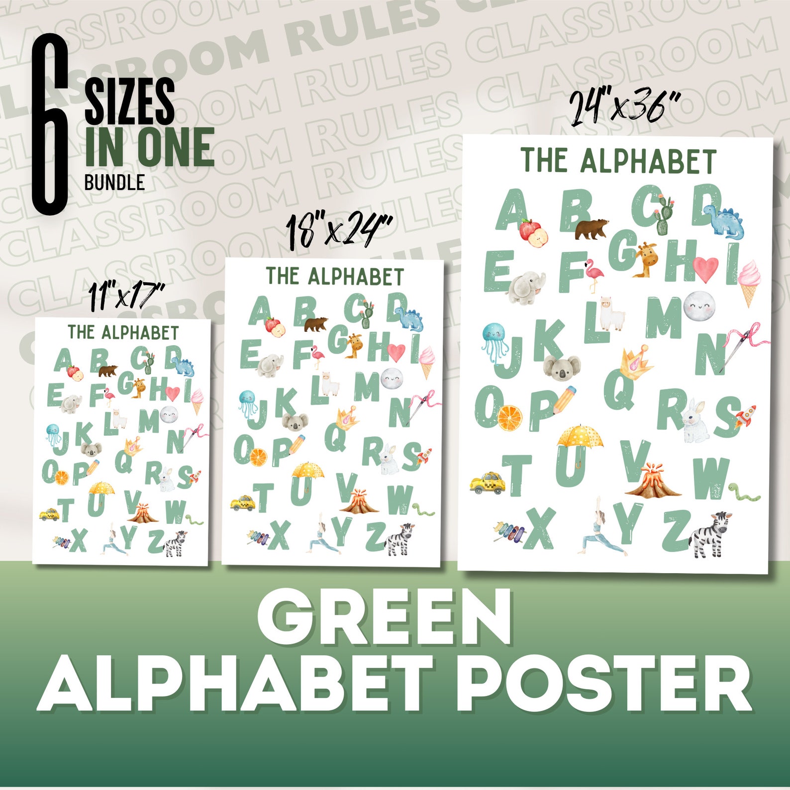 Alphabet Poster Green Theme Classroom Cute Wall Art Printable ABC ...