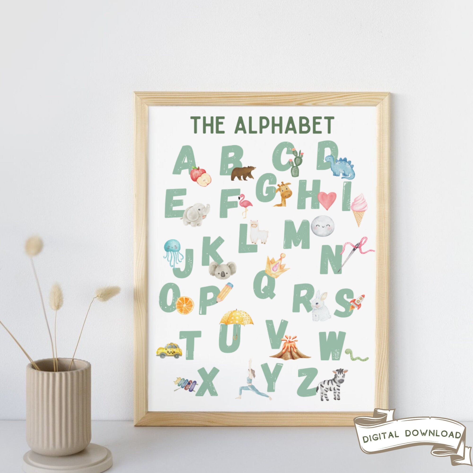 Alphabet Poster Green Theme Classroom Cute Wall Art Printable ABC ...