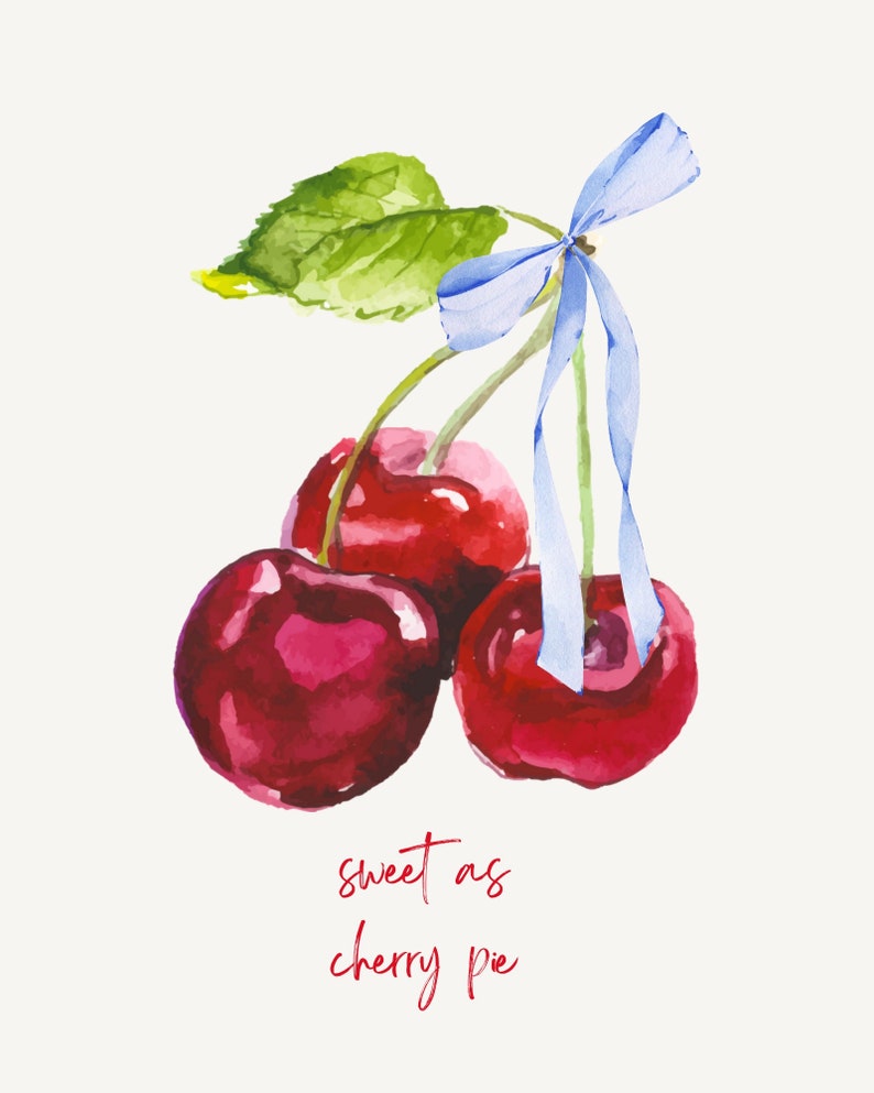 Coquette Cherry Blue Bow Digital Print | Trendy Art | Girly Decor ...