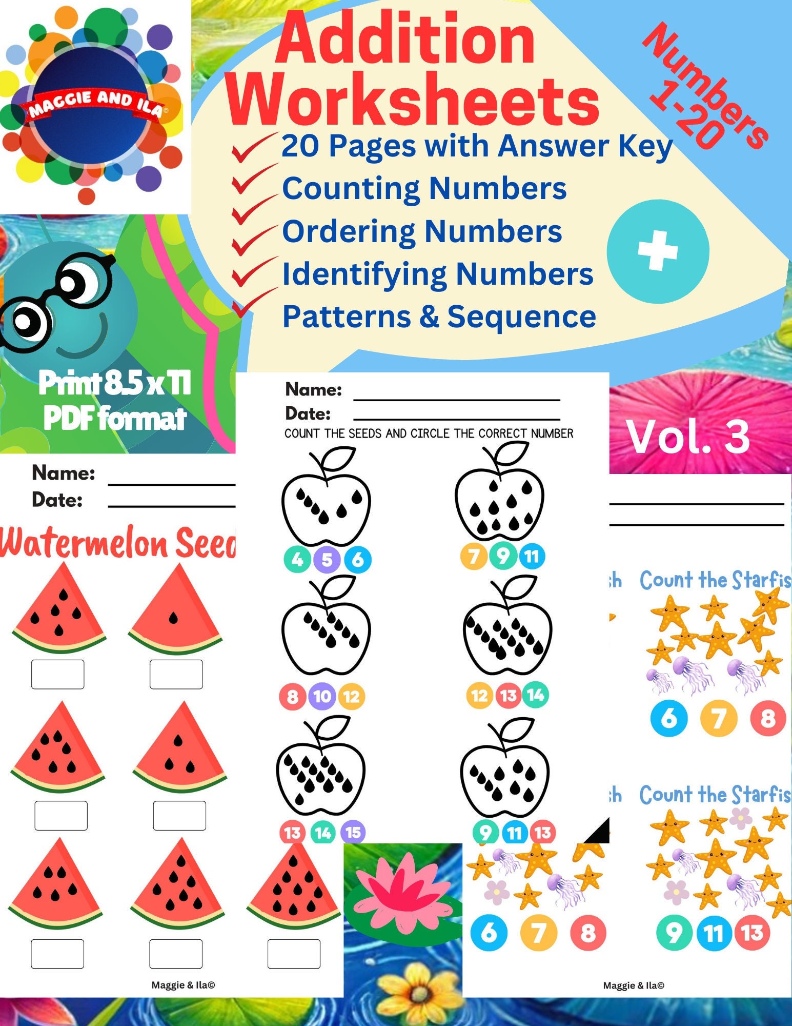 20 Printable Addition Worksheets Numbers 1-20 Counting, Ordering ...