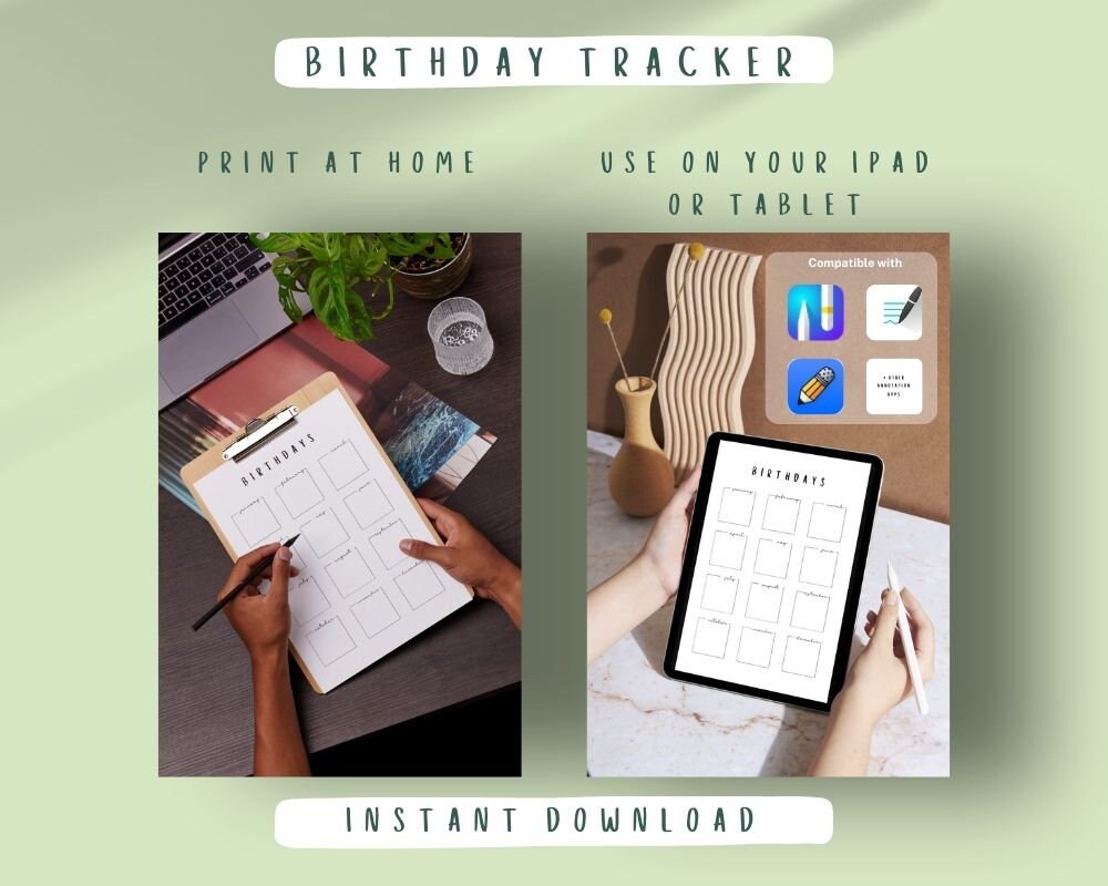Birthday Tracker Printable Digital Birthday Tracker Portrait A4 A5 ...
