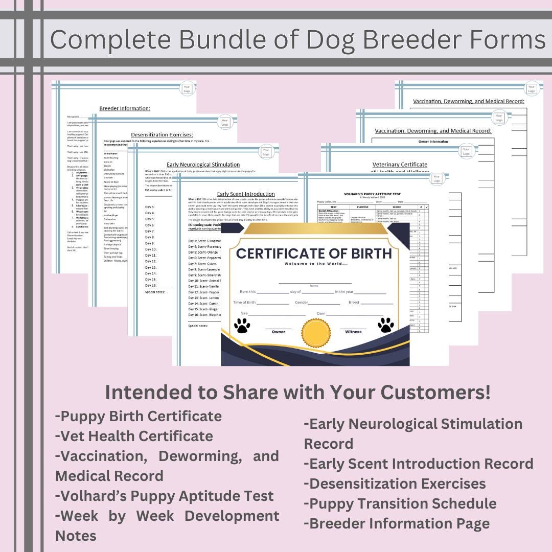 Dog Breeder Forms Bundle: Puppy Birth Certificate, Vaccination Record ...