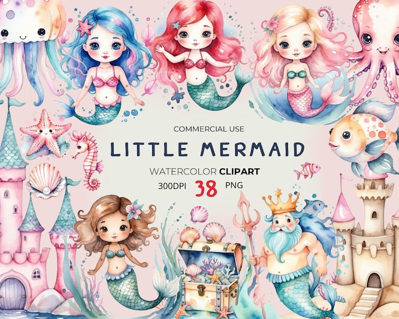 Little Mermaid Clipart: Cute Mermaid PNG, Pink Mermaid Bundle, Under ...